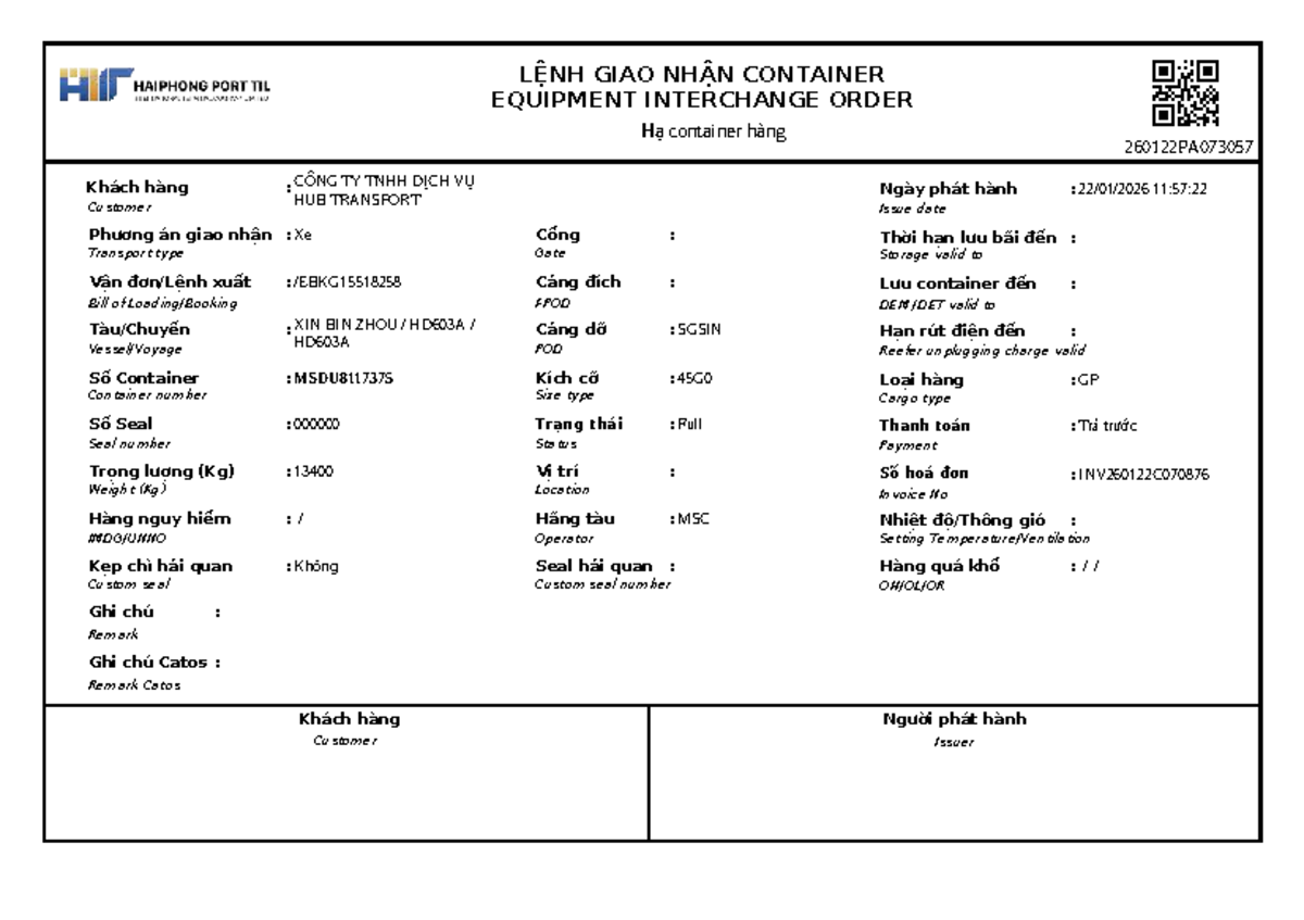 LỆNH GIAO NHẬN CONTAINER EQUIPMENT INTERCHANGE ORDER - LH PK HPD - Studocu