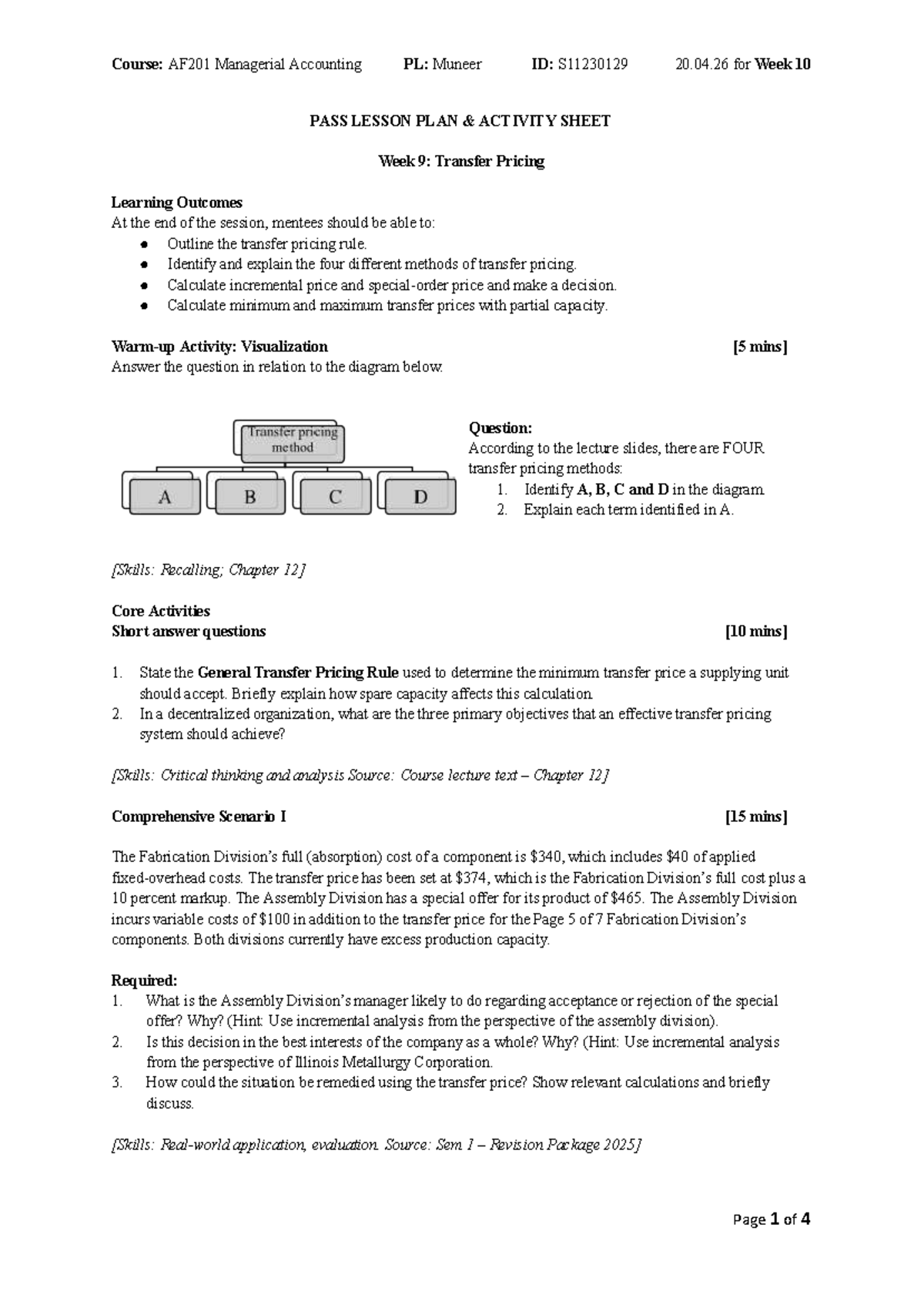 AF201 Managerial Accounting Week 10 PASS Activity Sheet & Lesson Plan ...