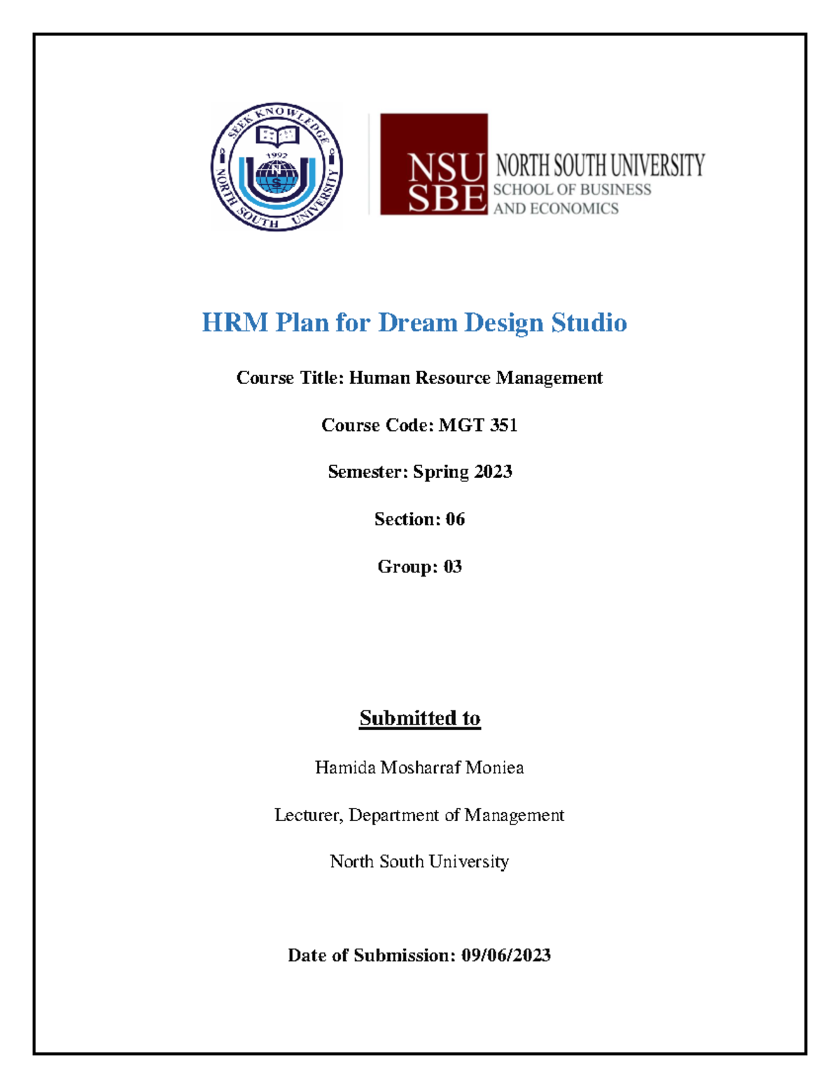 MGT-351 Final Report File - HRM Plan for Dream Design Studio Course ...