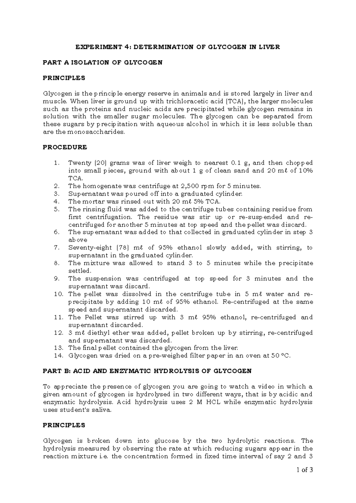 Isolation and Hydrolysis of Liver Glycogen: Experiment 4 Protocol - Studocu