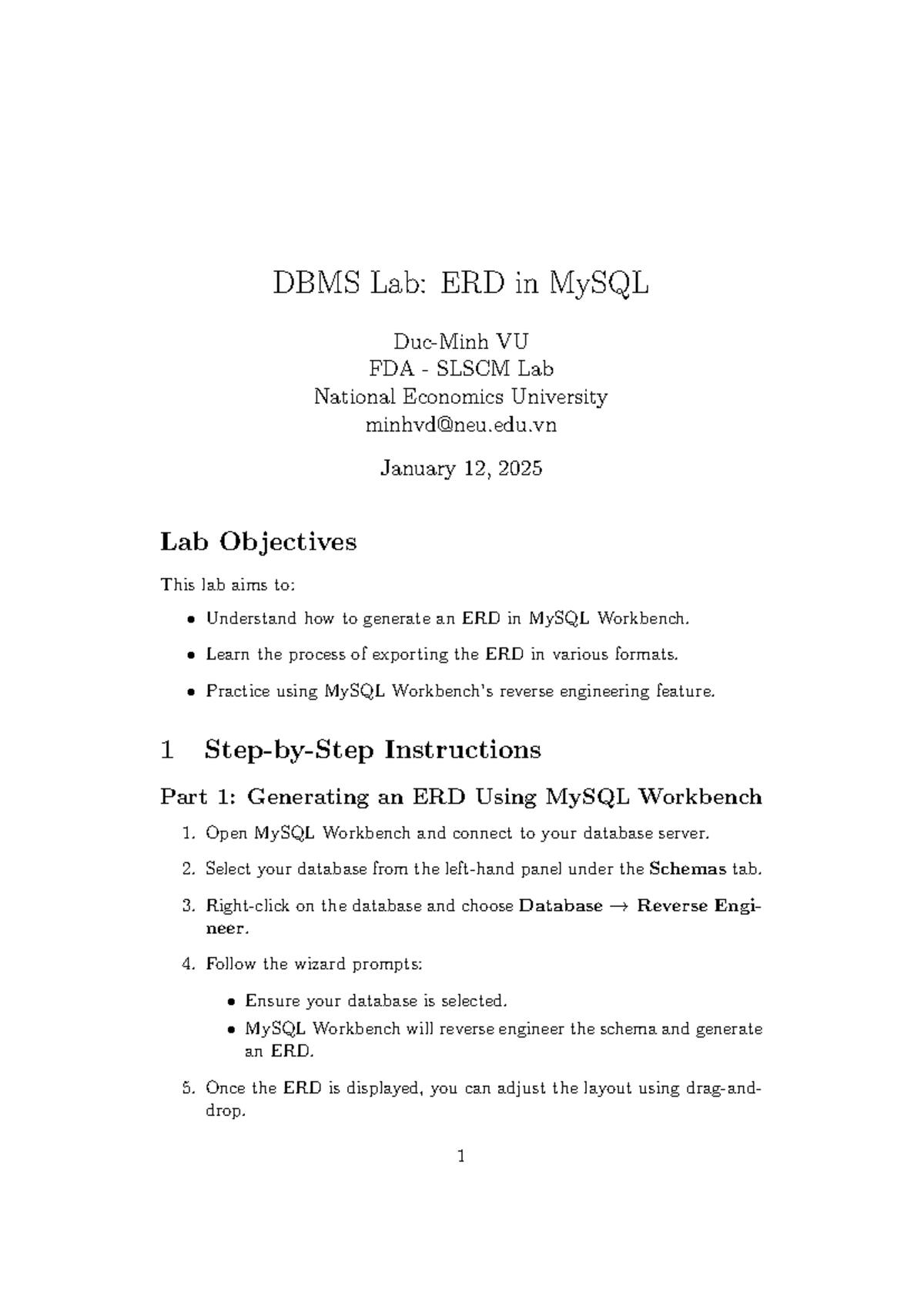 DBMS Lab: Generating ERD in MySQL Workbench VU FDA SLSCM - Studocu