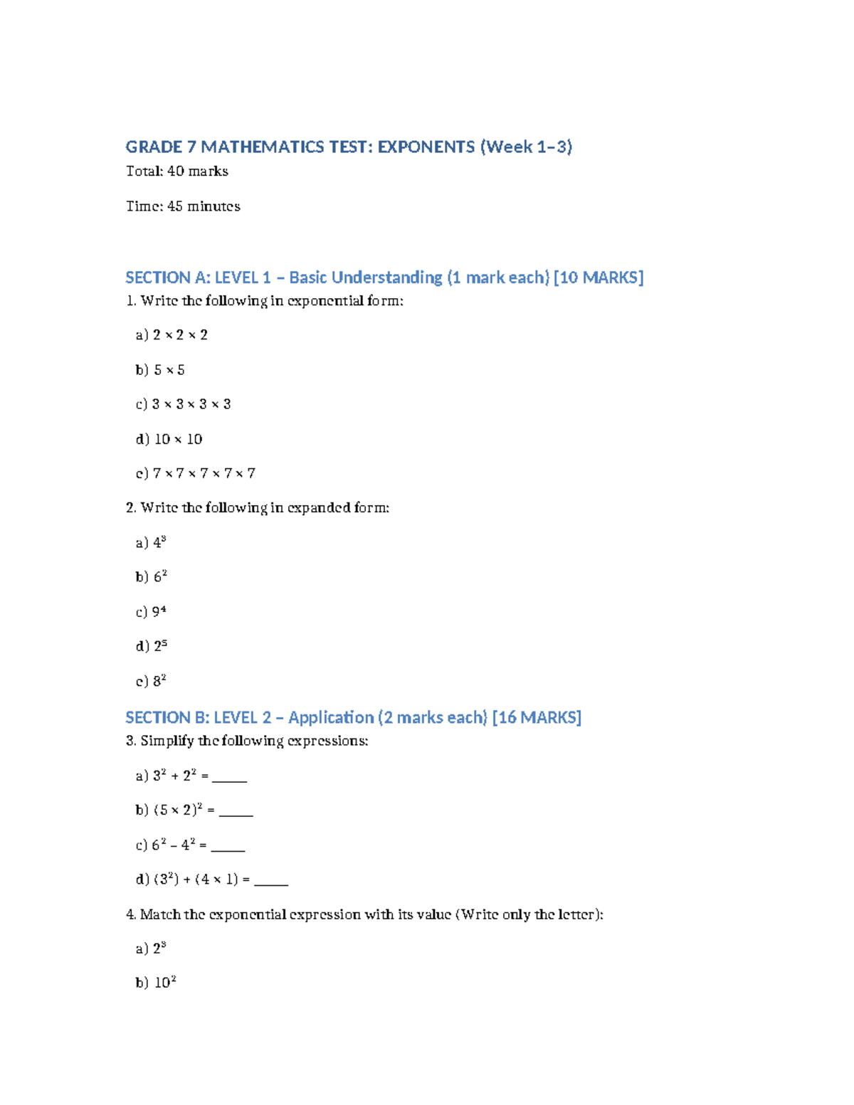 Grade 7 Math Exponents Test (Weeks 1-3) - 40 Marks - Studocu