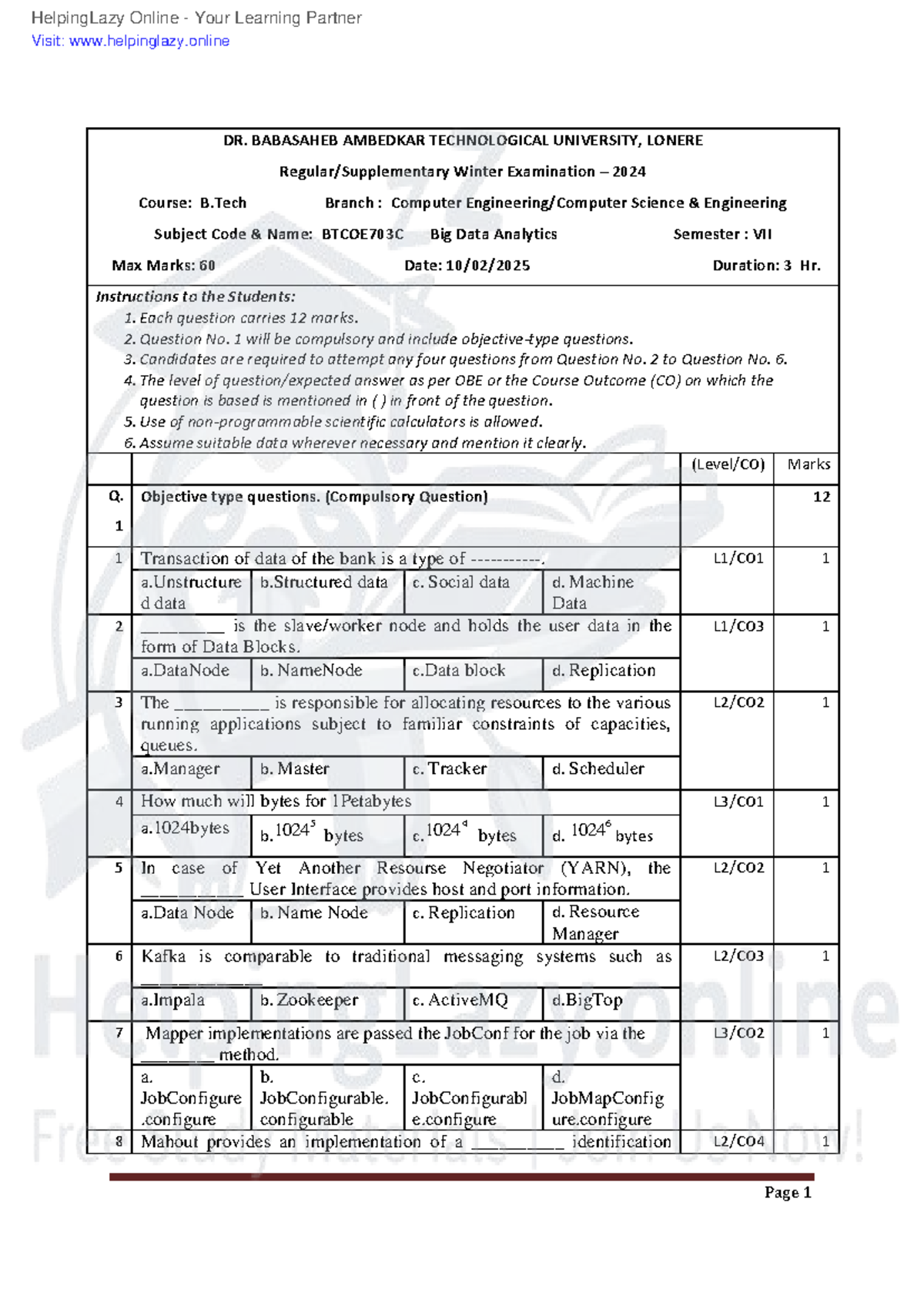 BDA BTCOE703C Winter Exam 2024 Question Paper for Big Data Analytics ...