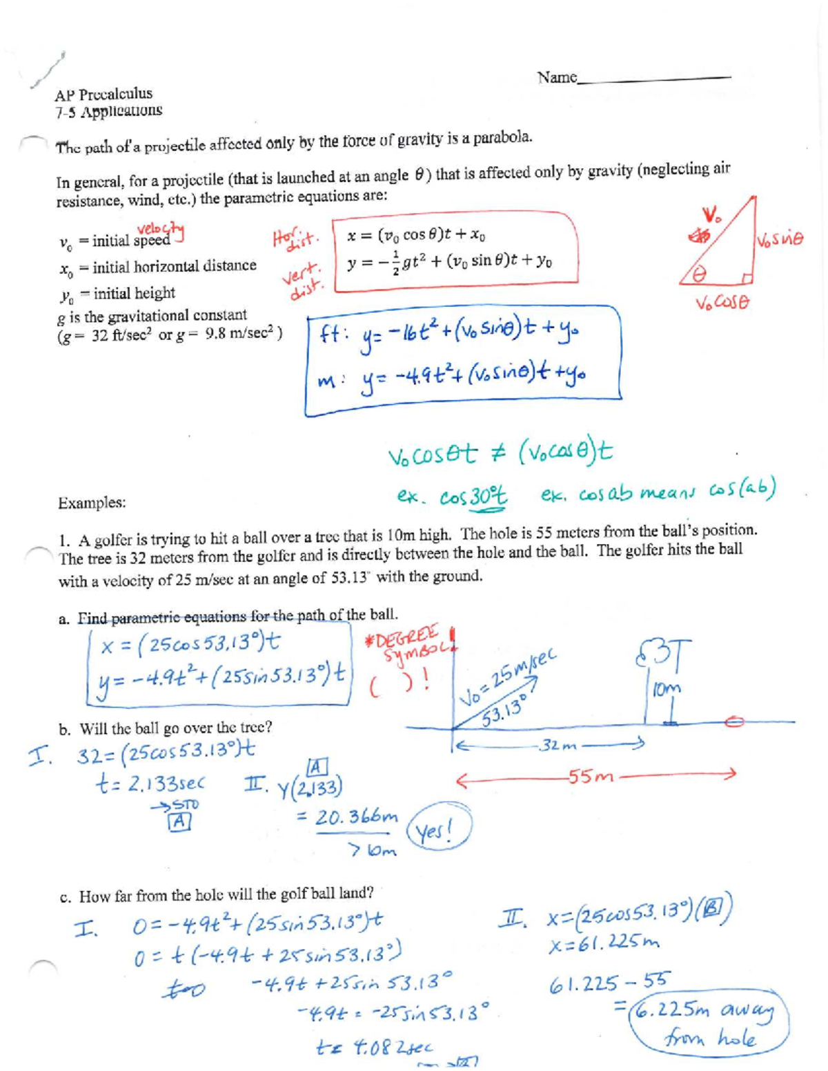 AP Precalculus Applications: Projectile Motion Notes (7.5) - Studocu