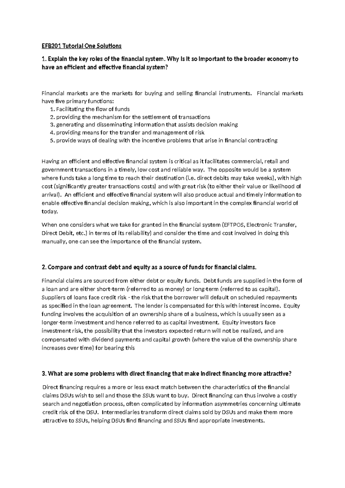 EFB201 Tutorial 1 Solutions: Key Roles, Debt vs Equity, & More - Studocu