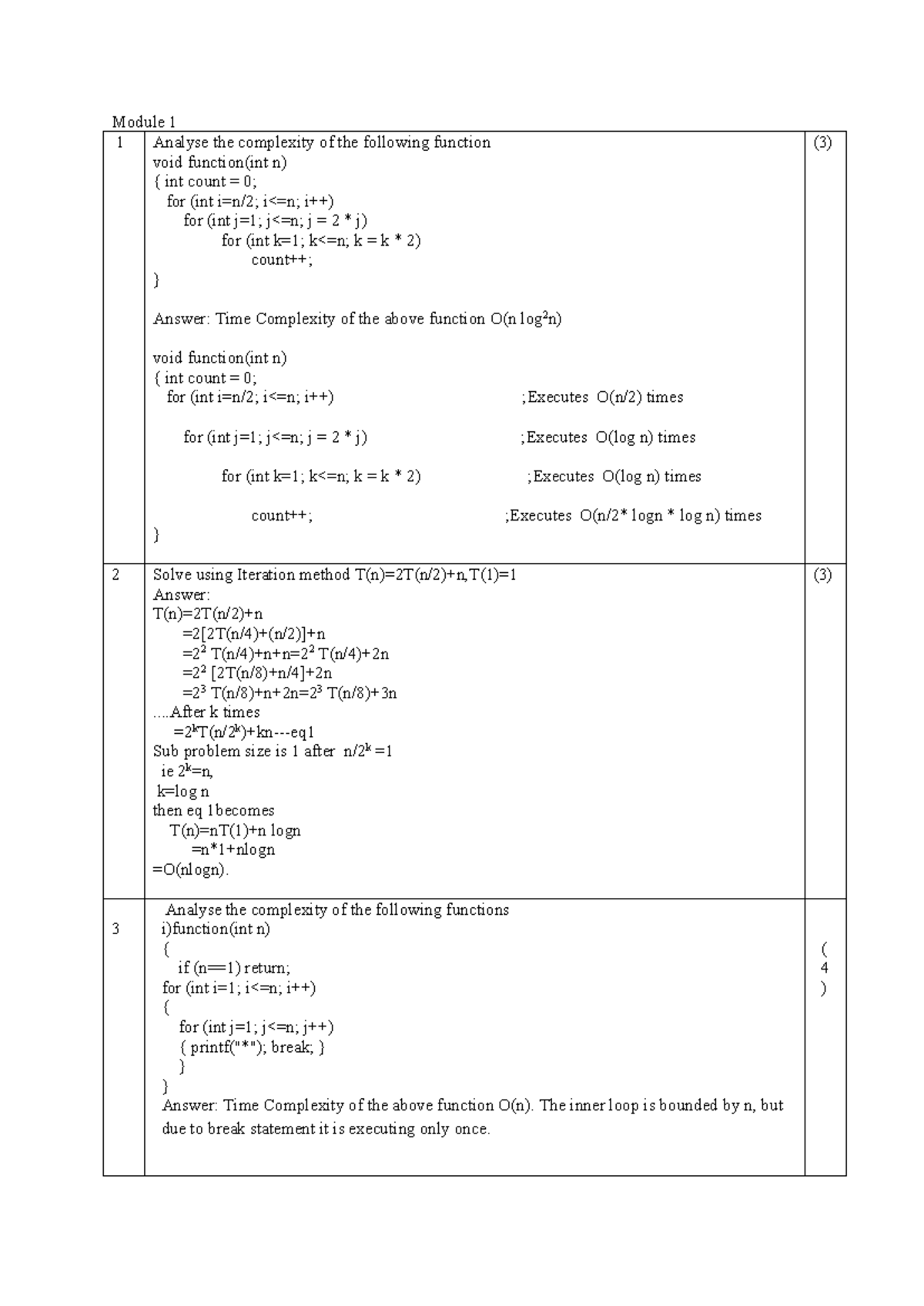 Module 1DAA - Complexity Analysis and Recursion Techniques Notes - Studocu