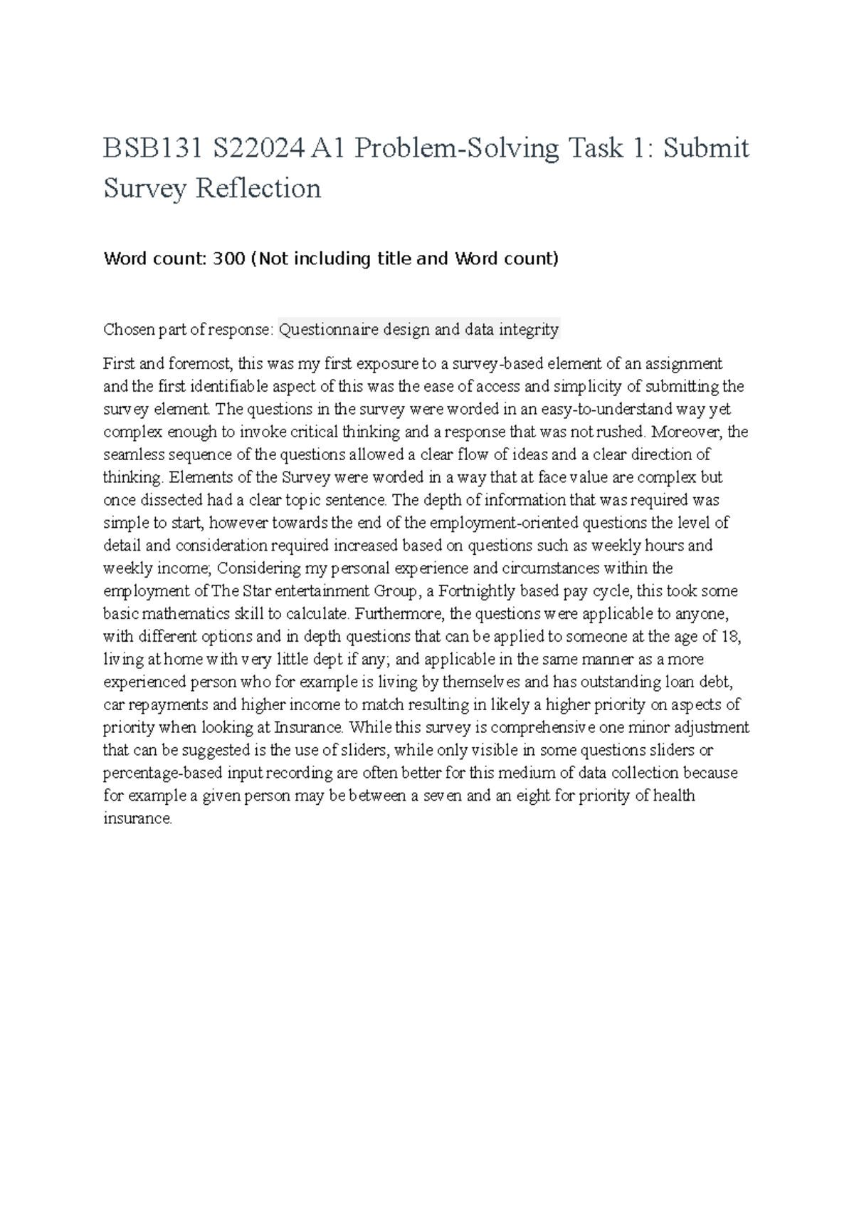 BSB131 A1 Problem Solving Task 1 - BSB131 S22024 A1 Problem-Solving ...