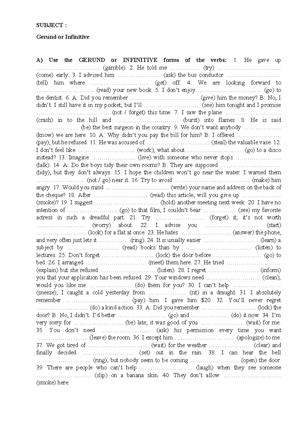 Gerund and Infinitive Exercises for English Grammar - Studocu