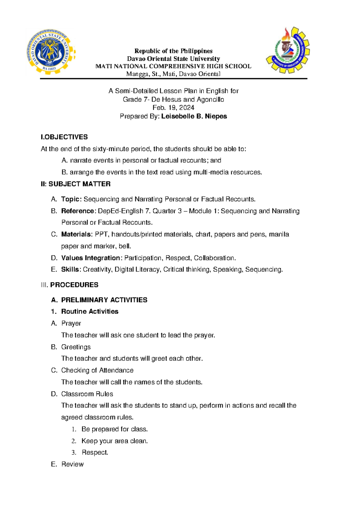 DepEd-English 7: Quarter 3 Lesson Plan on Sequencing Narratives - Studocu