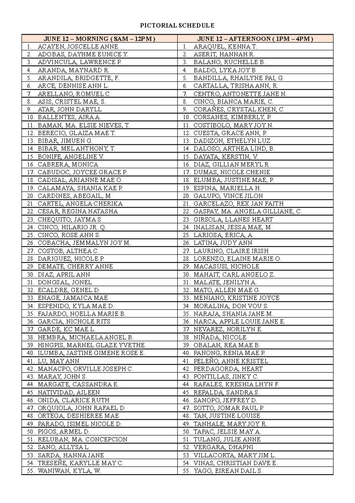 Pictorial Schedule for June 12 (8AM-4PM) - Student List - Studocu