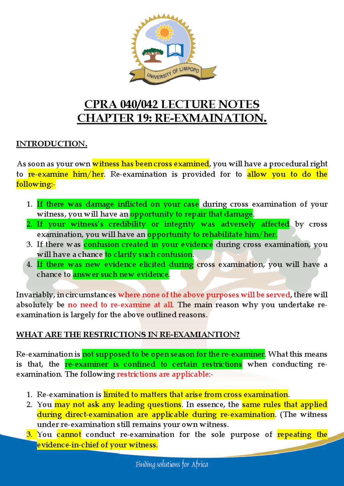 CPRA 040/042 Lecture Notes: Chapter 19 on Re-Examination Techniques ...