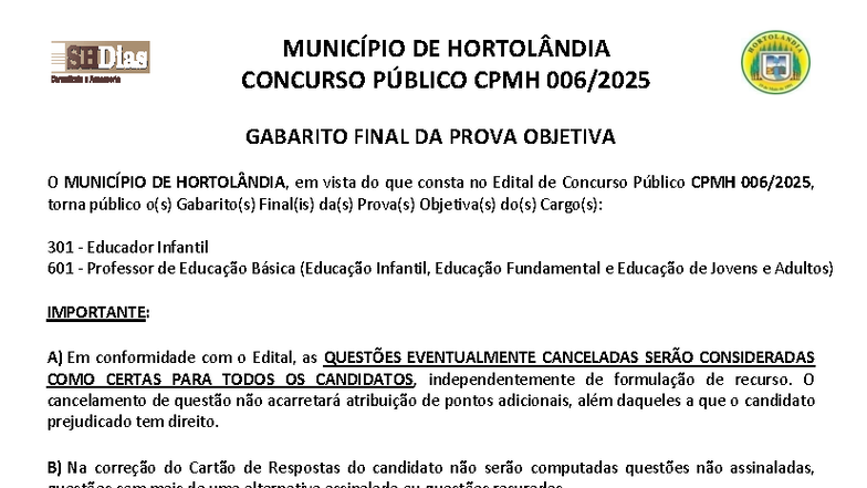 Gabarito Final da Prova Objetiva - Concurso CPMH 2025 - Studocu