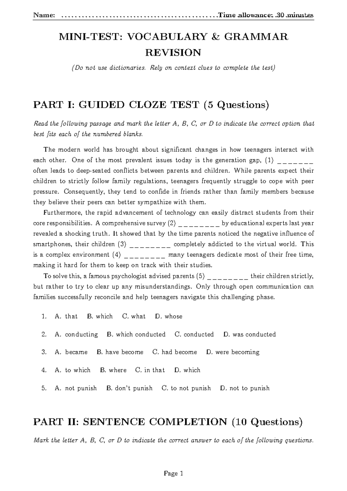 Vocabulary and Grammar Revision Test (ENG 101) - Studocu