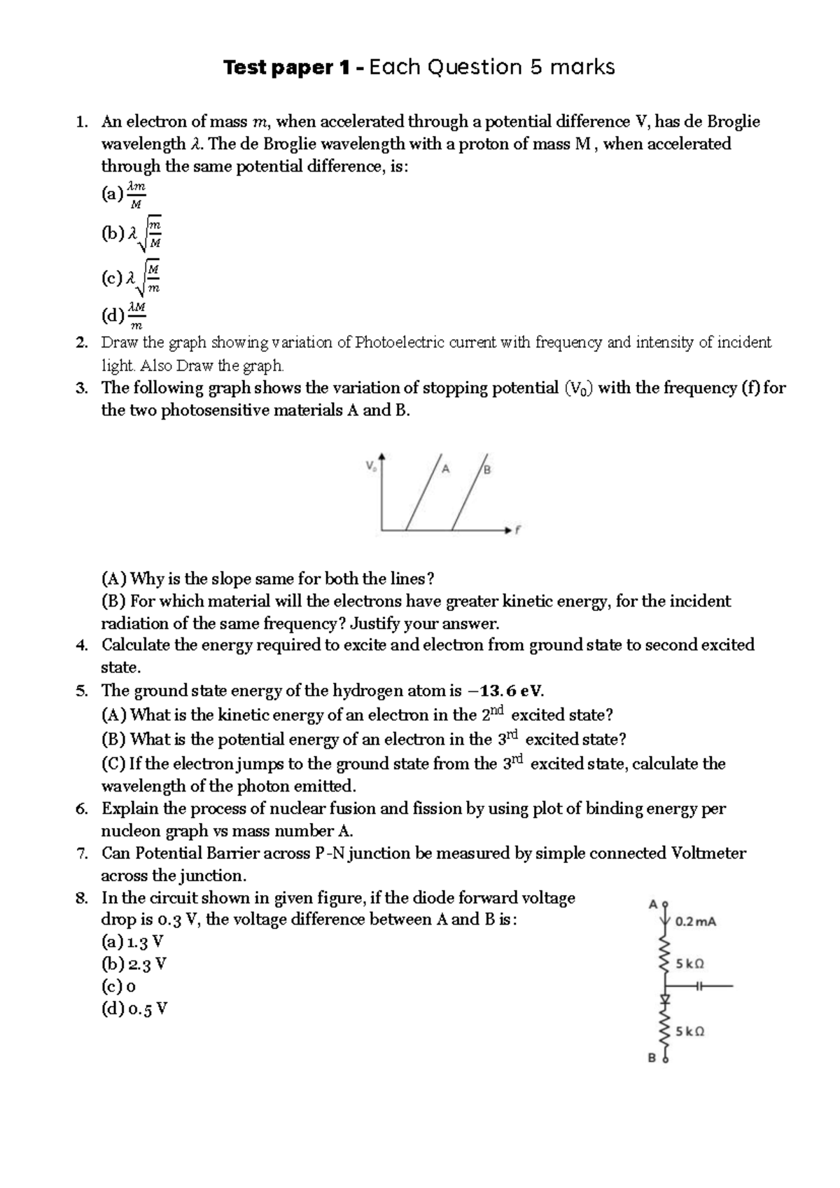 Physics Test 1: De Broglie Wavelength & Photoelectric Effect Analysis ...