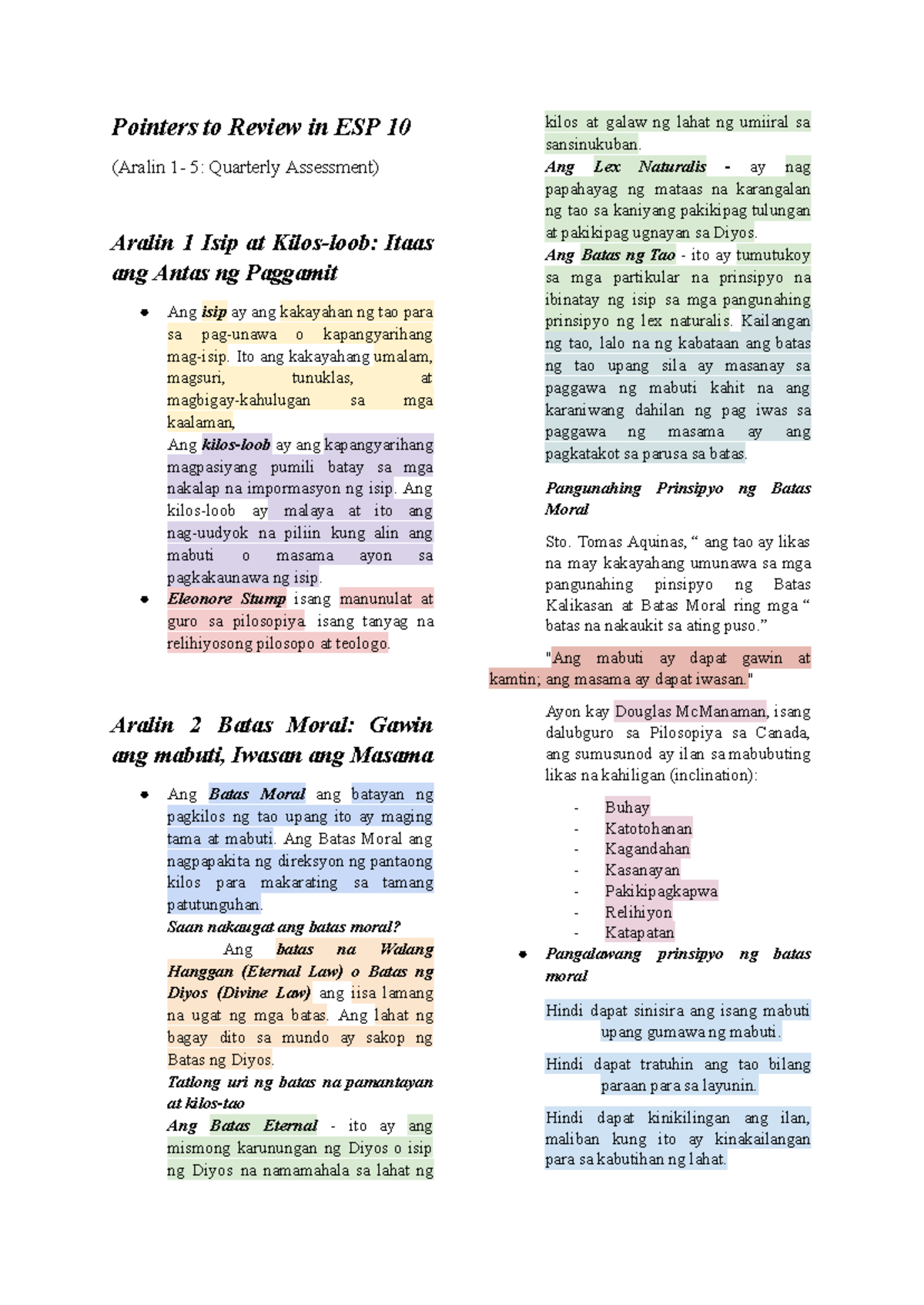 ESP 10 Reviewer: Pointers for Quarterly Assessment Review - Studocu