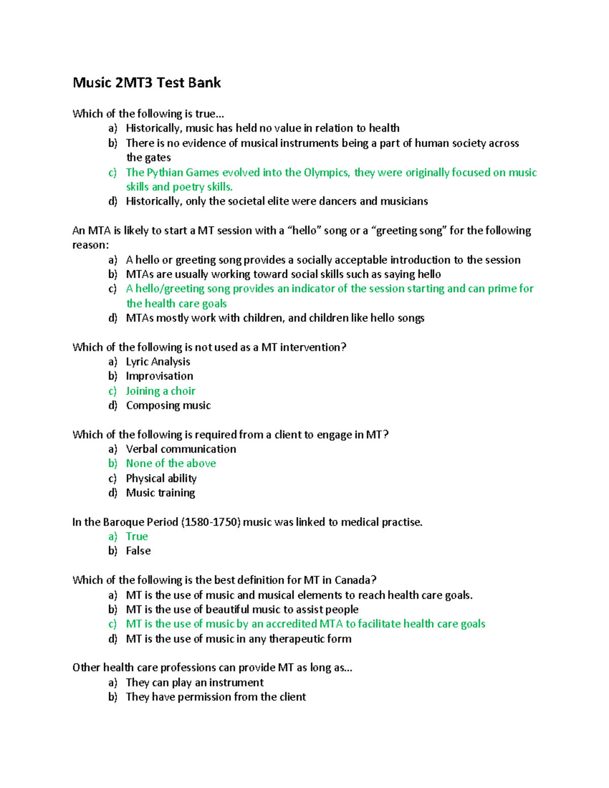 **Music 2MT3 Test Bank: Questions on Music Therapy Concepts and ...