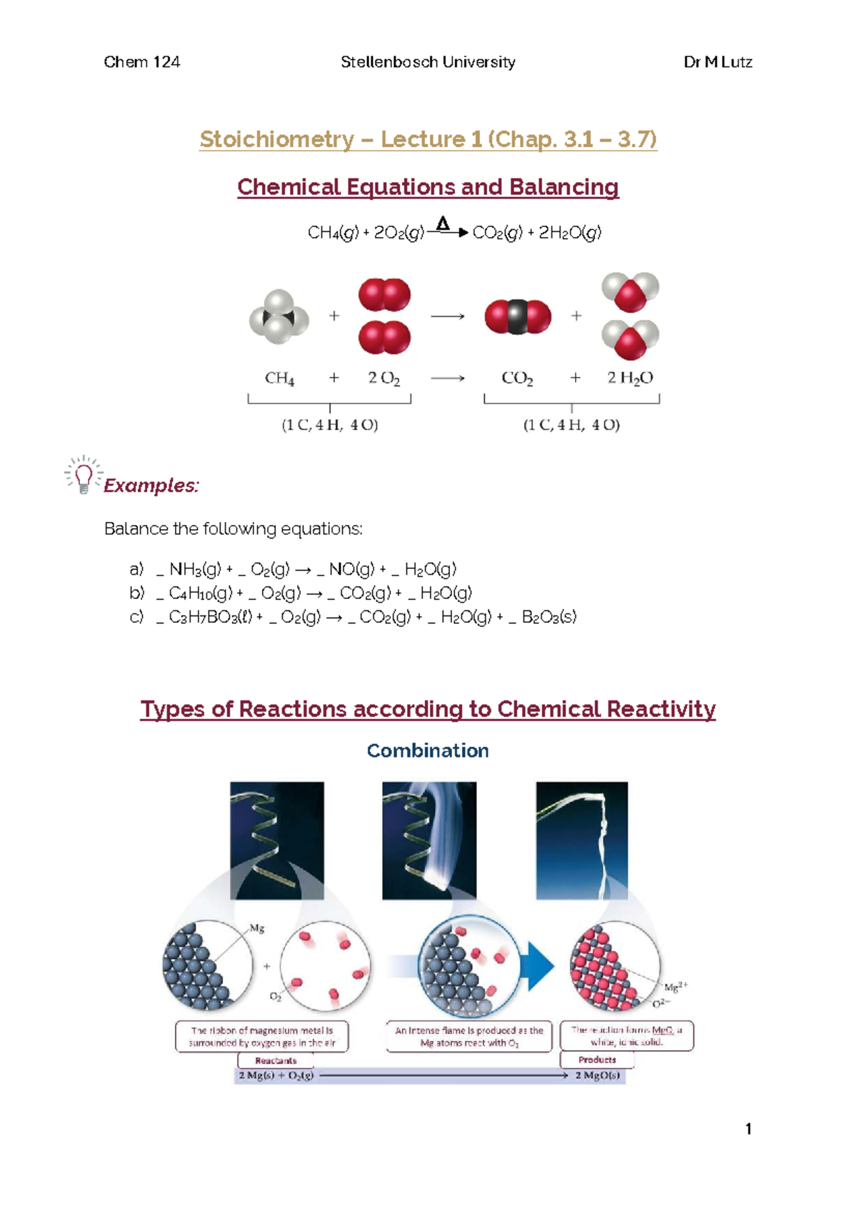 Chem 124 Stoichiometry Lecture 1: Chemical Equations & Balancing - Studocu