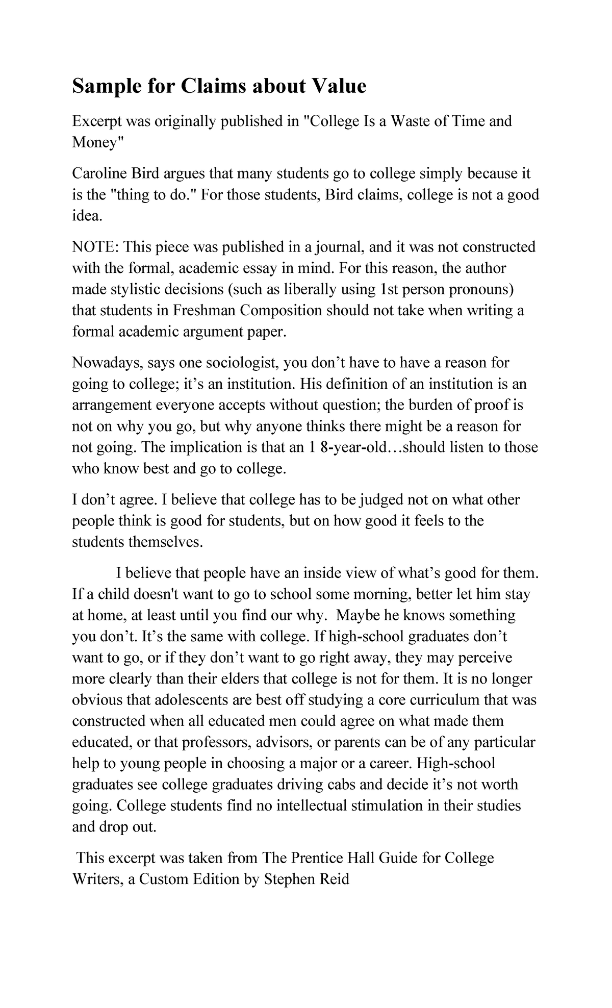 Sample Claim of Value - READING AND WRITING - Sample for Claims about ...