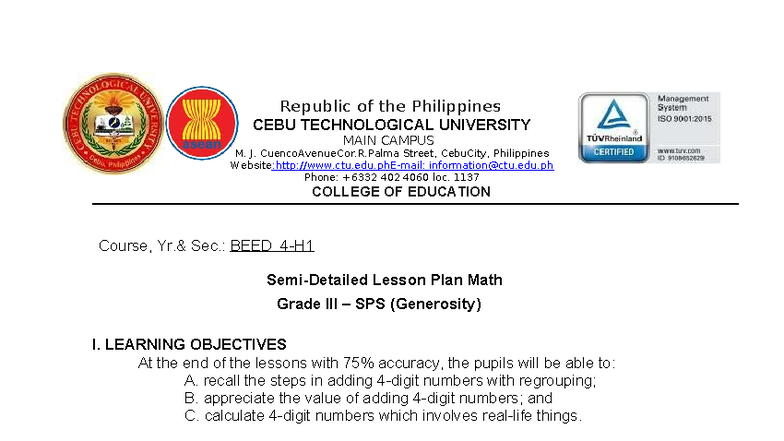 BEED FS LP MATH: Lesson Plan on Adding Numbers with Regrouping - Studocu
