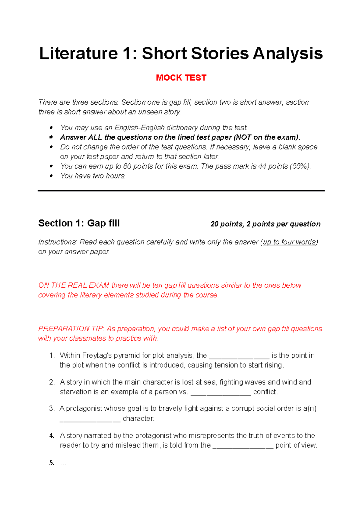 Literature 1 Mock Test: Short Stories & Analysis 2022-2023 - Studeersnel