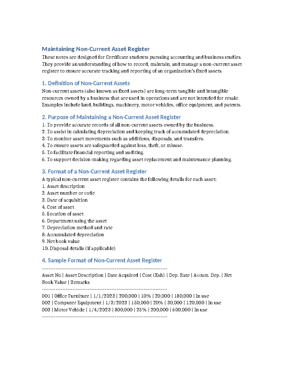 Maintaining Non-Current Asset Register Notes for Certificate Students ...
