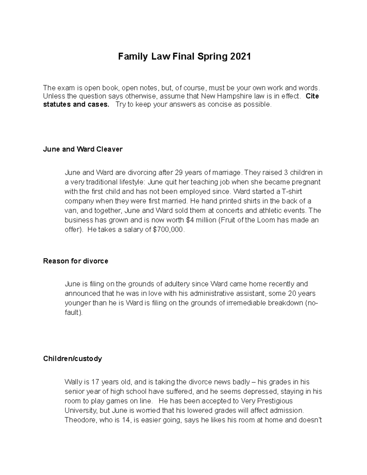 Criminal Justice Final Exam - Family Law Final Spring 2021 The exam is ...