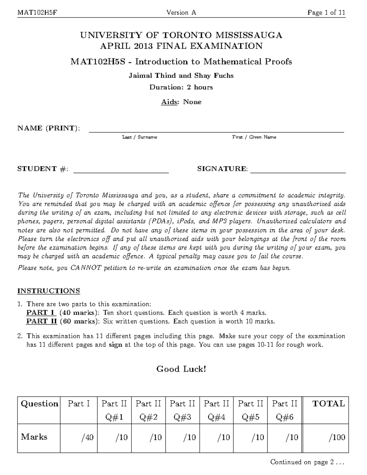 MAT102H5S Final Exam April 2013 - Introduction to Mathematical Proofs ...