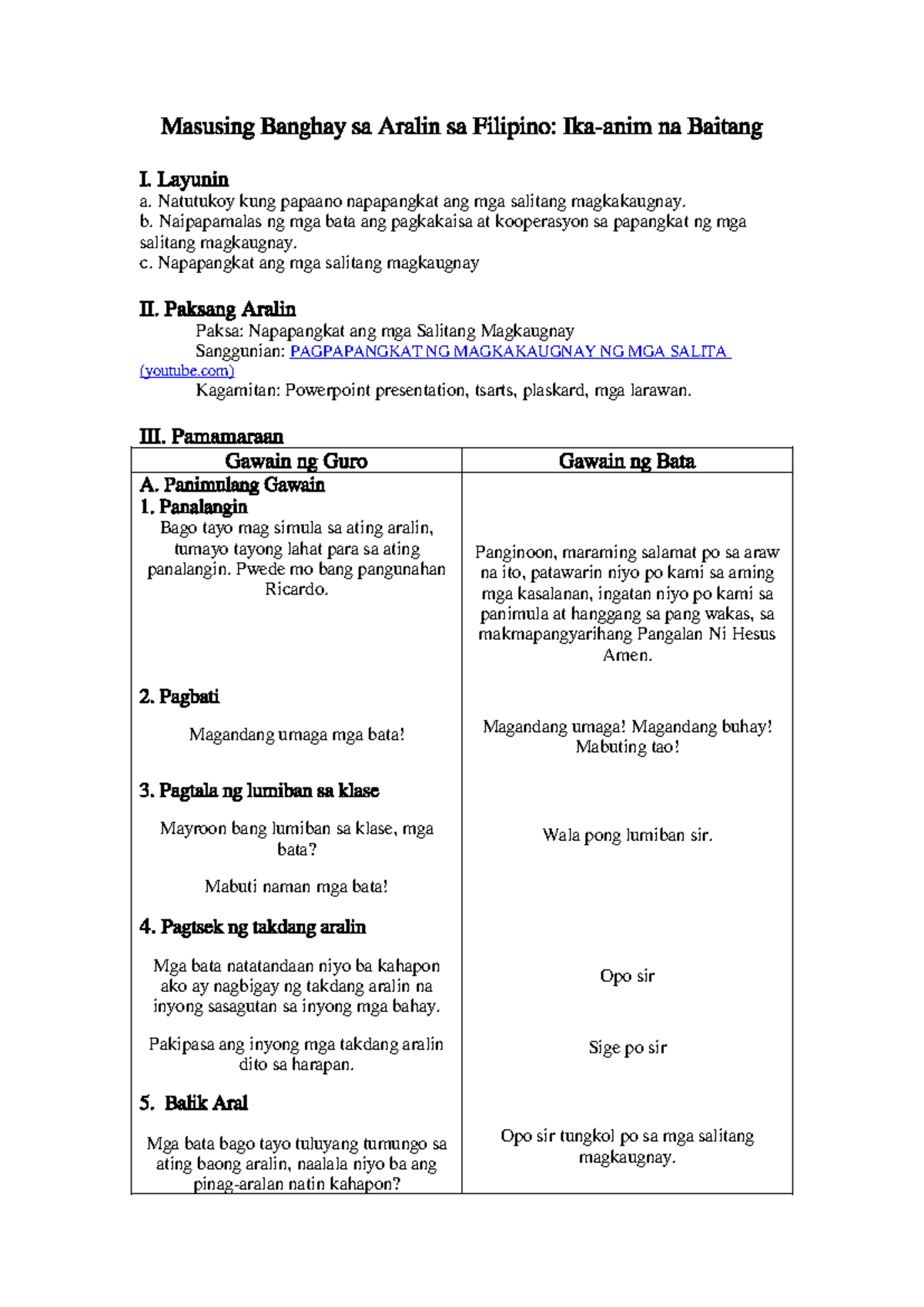 Filipino LP - Lesson Plan sa Pagpapangkat ng Salitang Magkaugnay - Studocu
