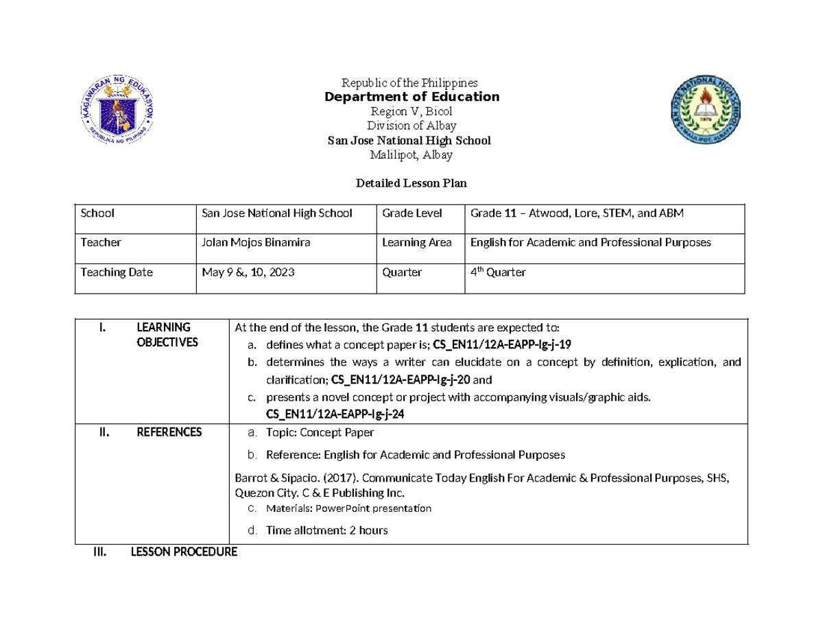 LP 05, 9-10 - Detailed Lesson Plan for Grade 11. - Republic of the ...