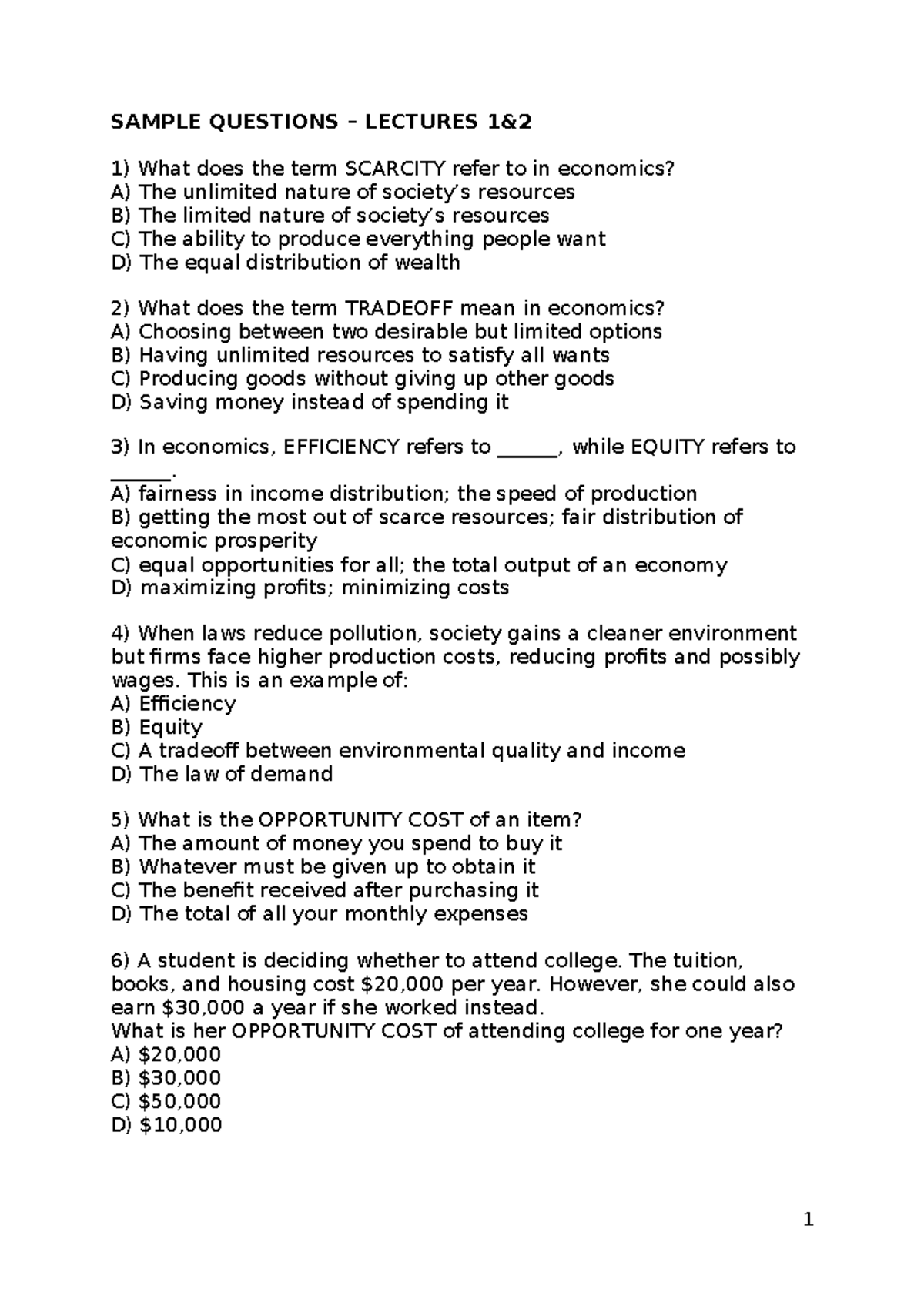 Sample Questions for Economics Lecture (ECO 101) - Studocu