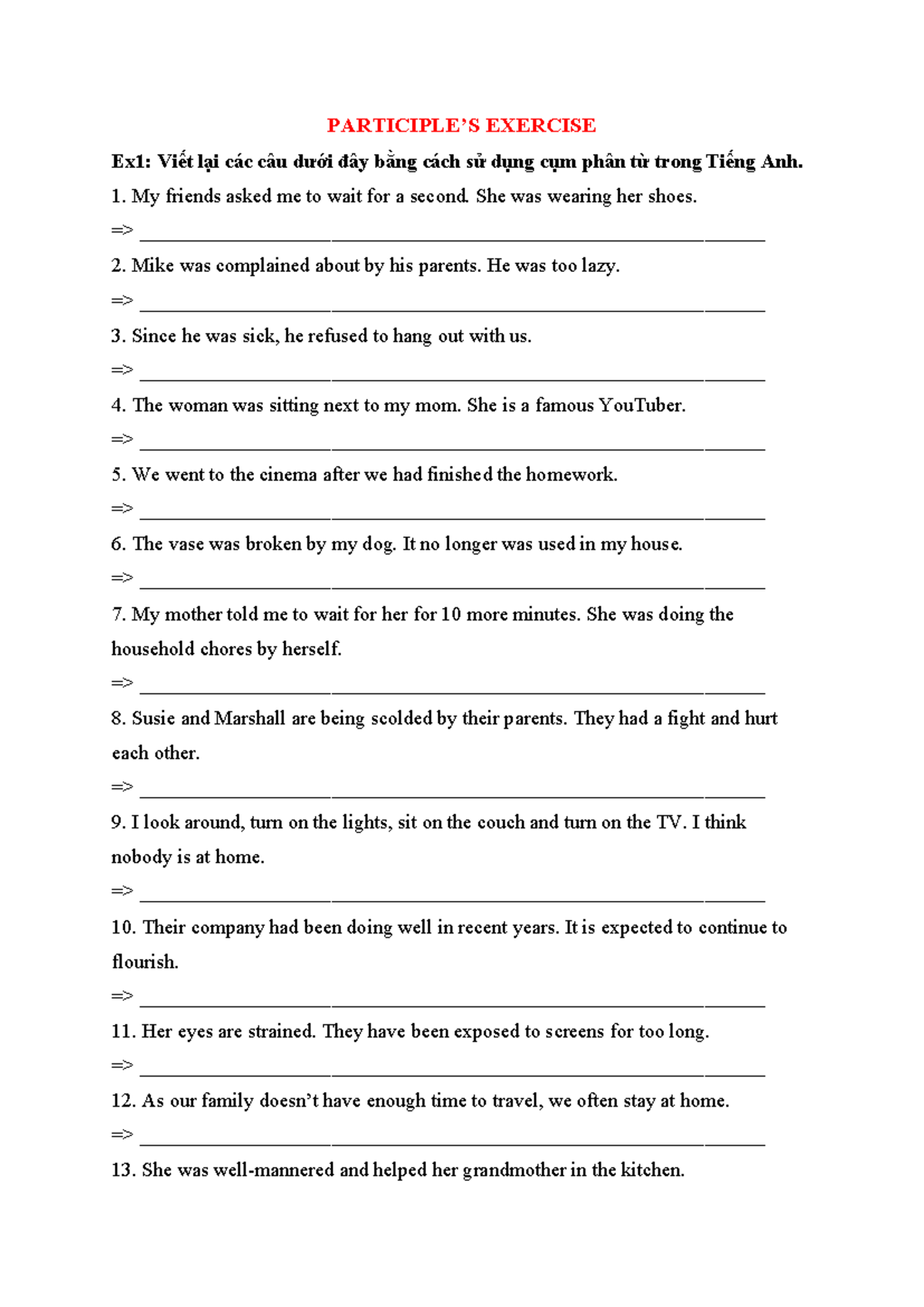 Participle Exercises: Ex1 & Ex2 for English Grammar Mastery - Studocu
