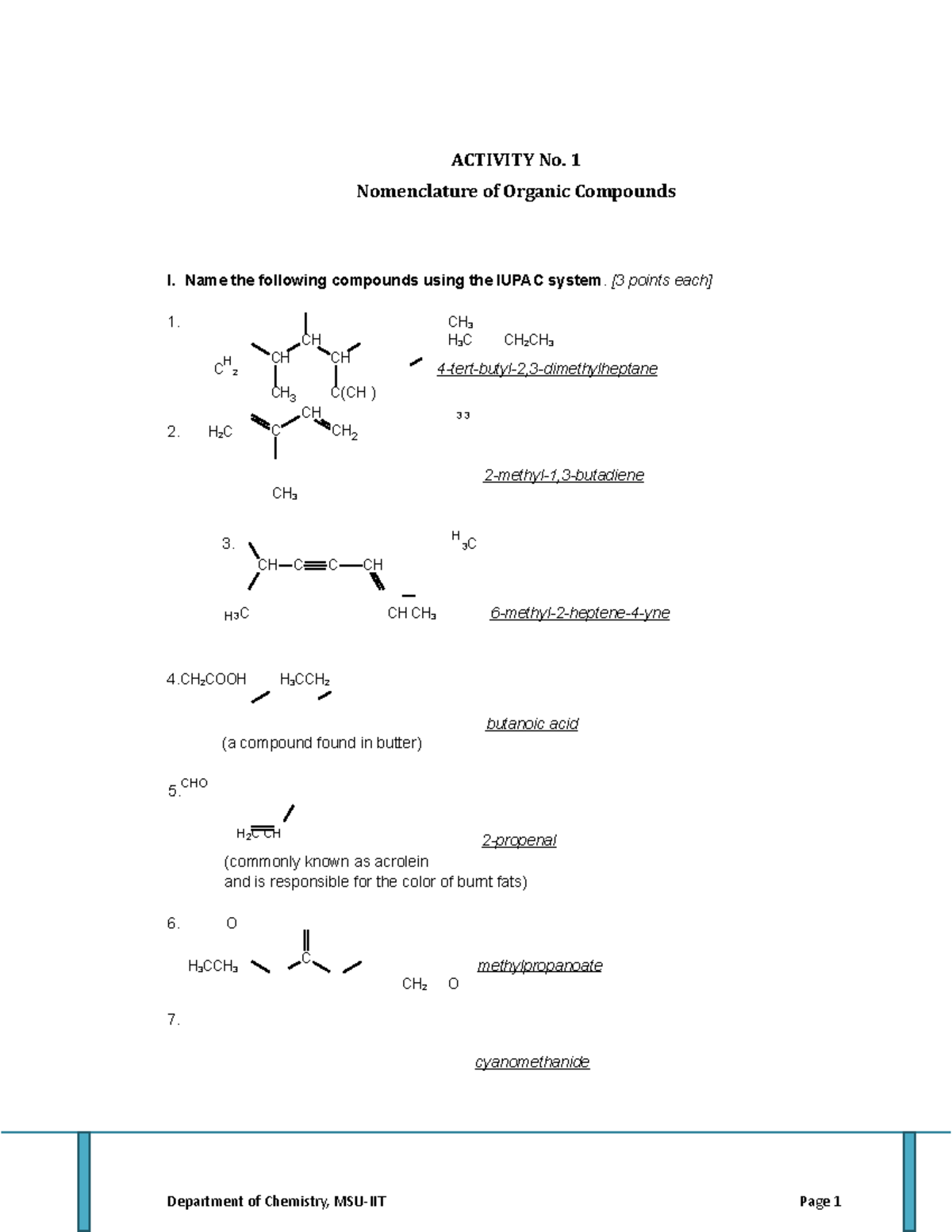 Nomenclature of Organic Compounds - ACTIVITY No. 1 Nomenclature of ...
