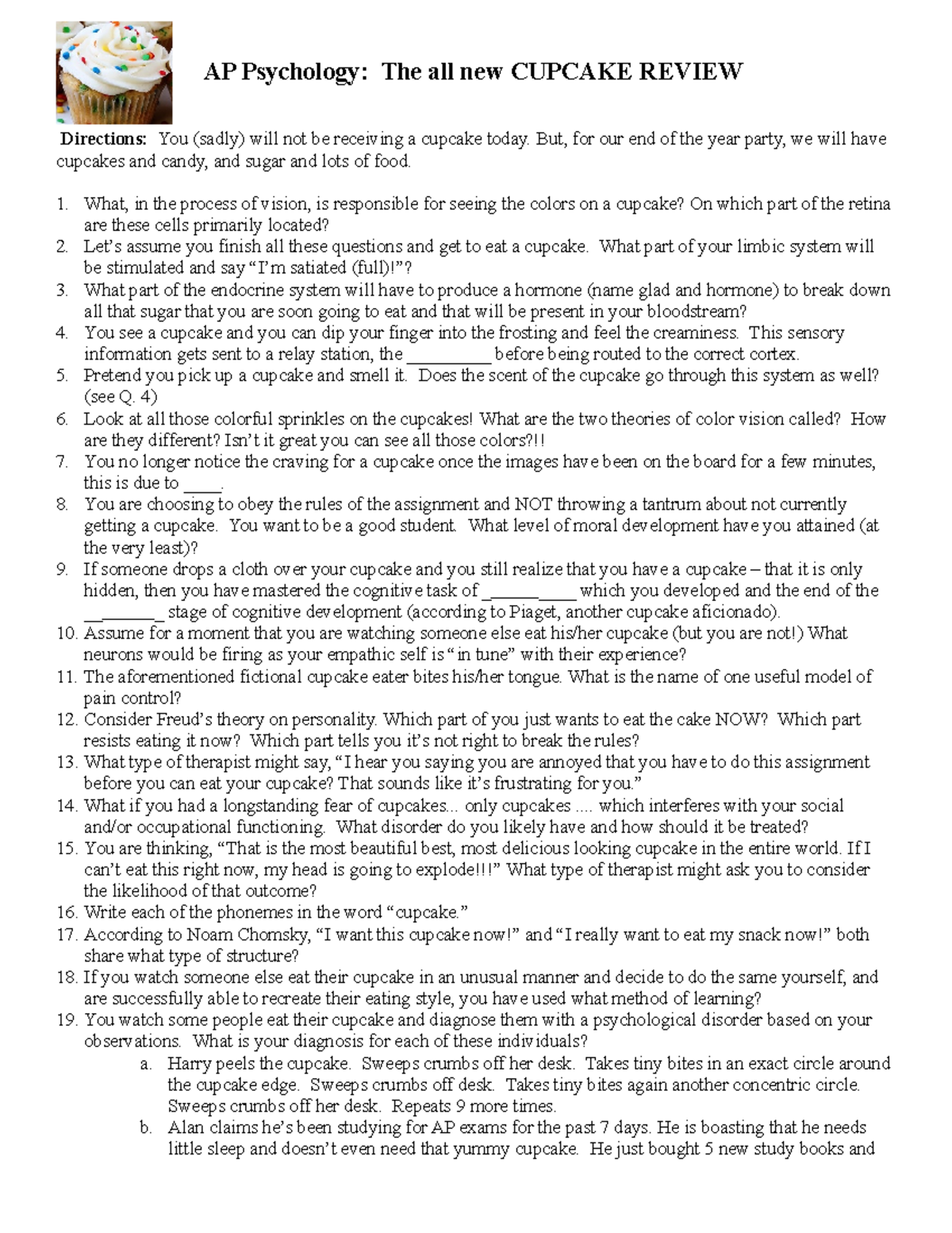 AP Psychology: Final Cupcake Review Questions and Answers - Studocu