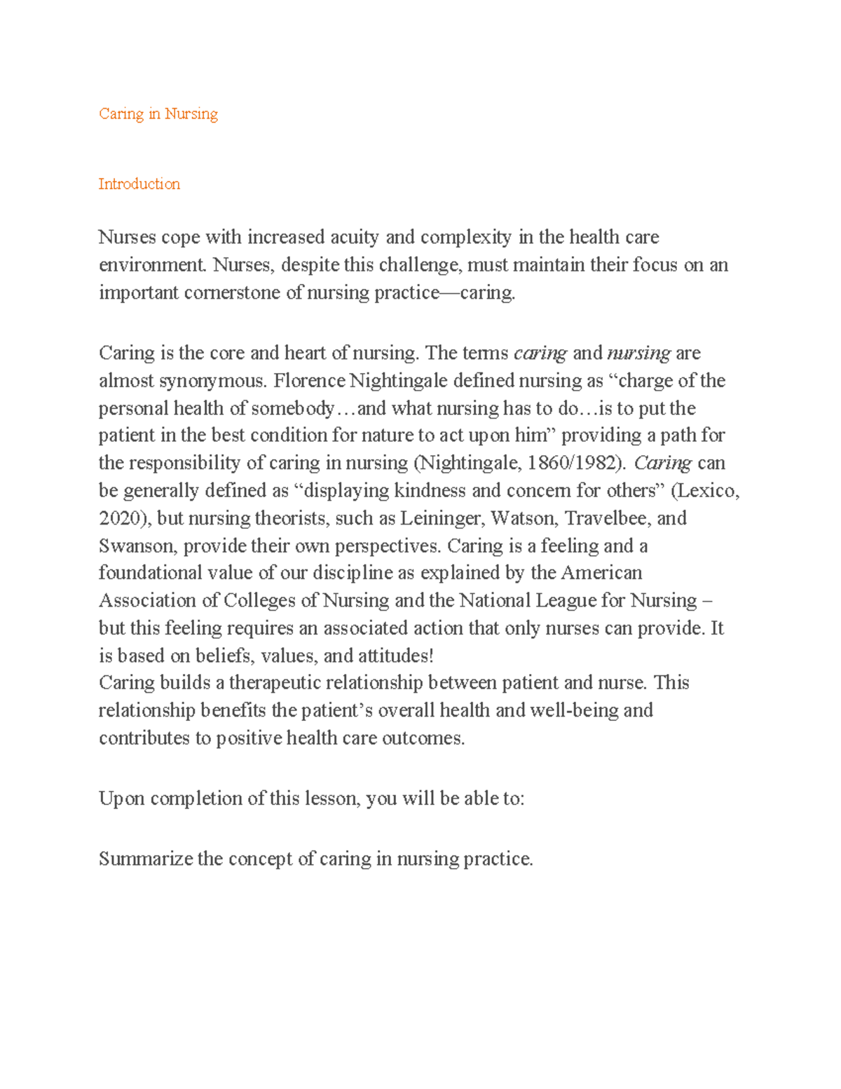 Caring in Nursing: Core Concepts and Theories - Sherpath W1 - Studocu
