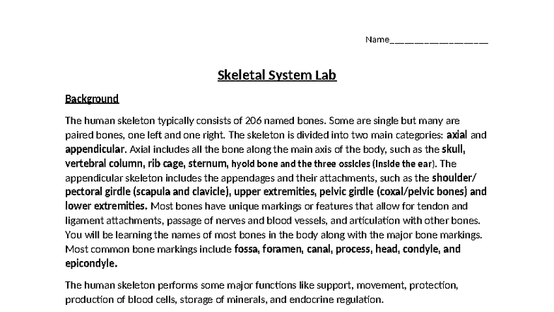 BIO 201 Skeletal System Lab: Understanding Bone Structure and Function ...