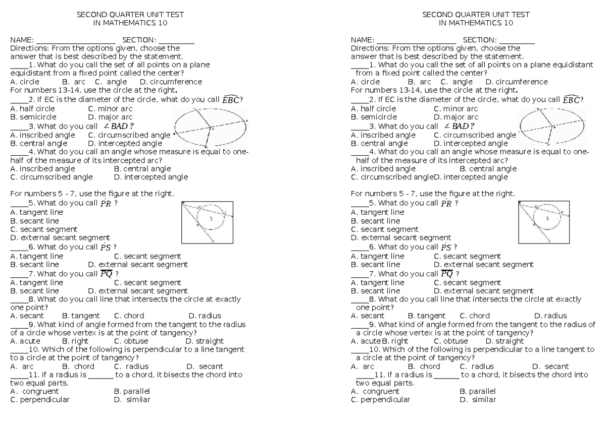 Grade 10 Mathematics Q2 Unit Test Questions and Answers - Studocu