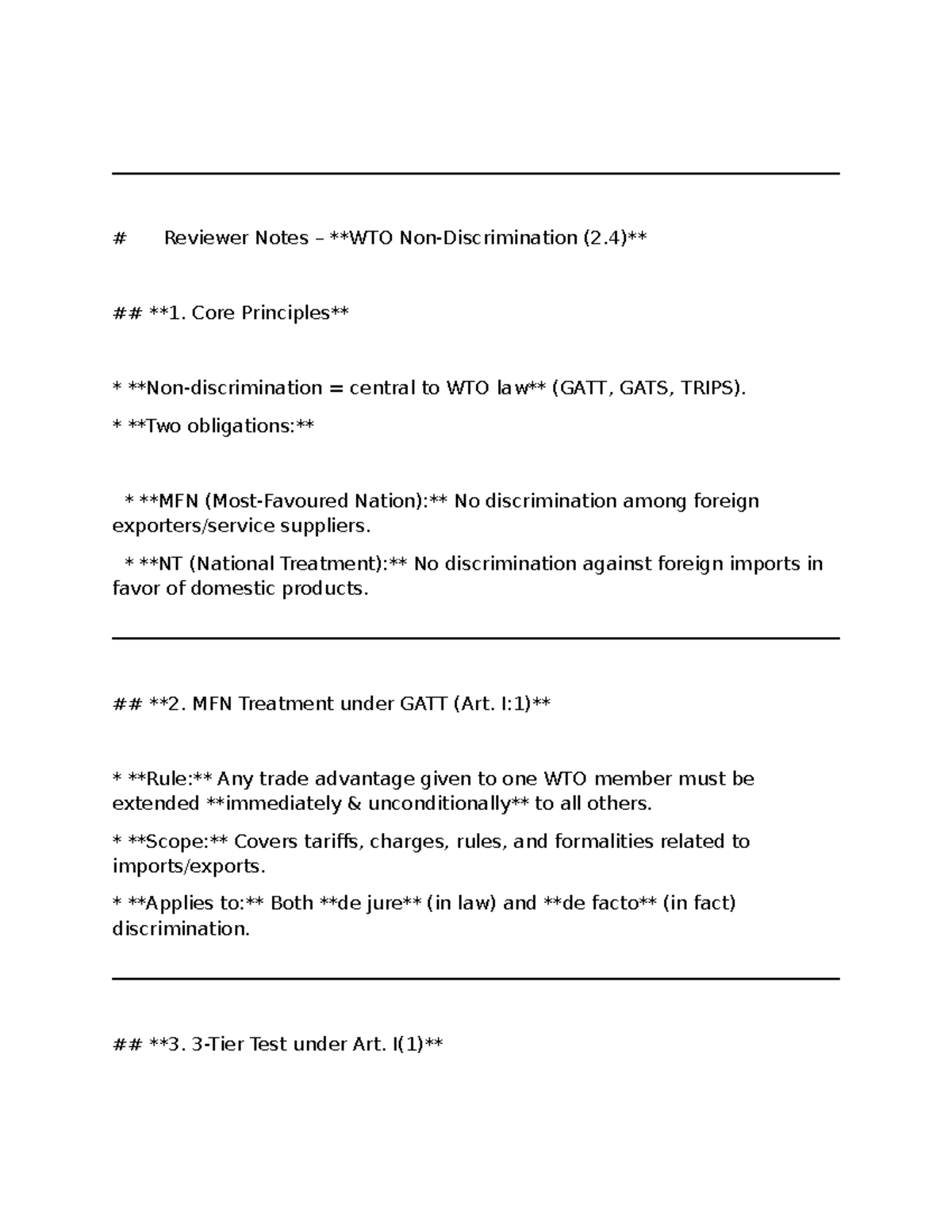 Reviewer Notes on WTO Principles: GATT, GATS, and TRIPS Analysis - Studocu