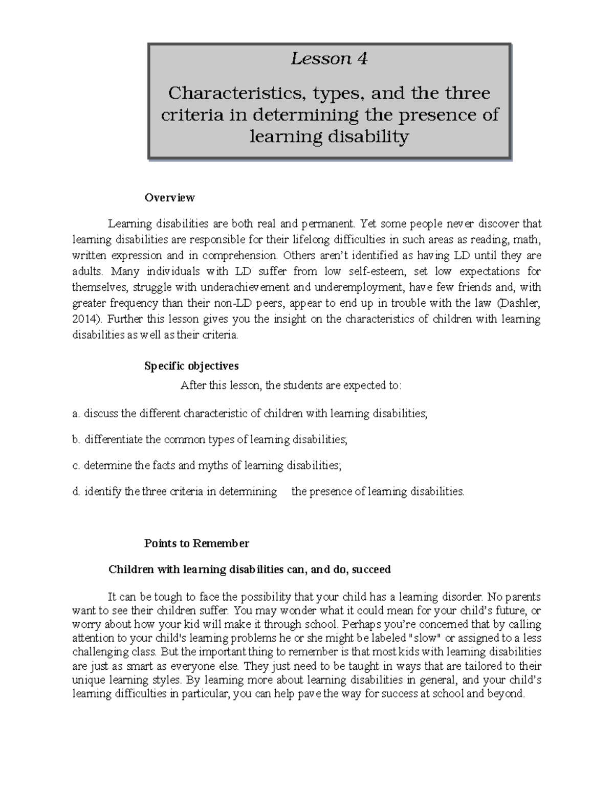 Lesson 4 Characteristics and Types of Learning Disability - Special ...