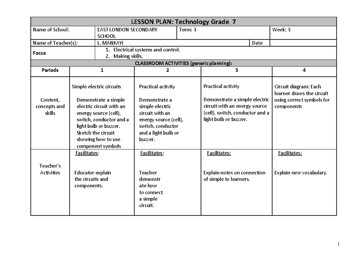 Technology Lesson Plan: Grade 7 Term 3 Week 3 Activities - Studocu