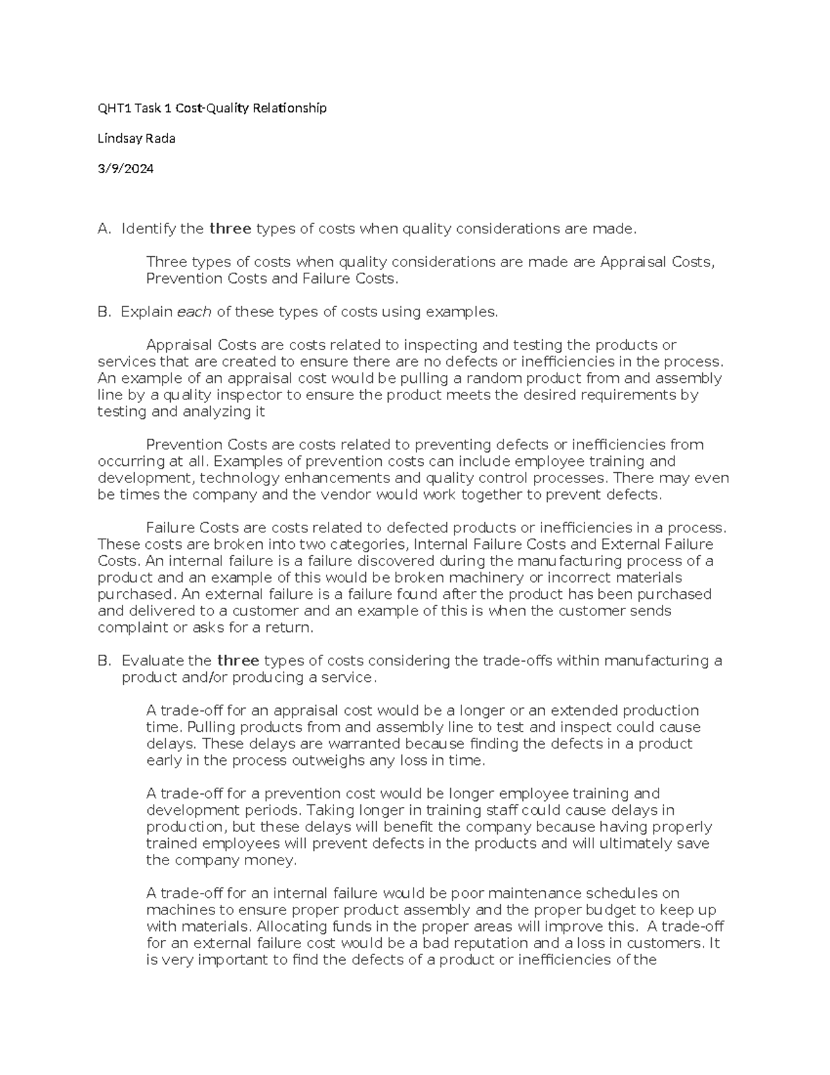 QHT1 Task 1: Analyzing Cost-Quality Relationships in Manufacturing ...