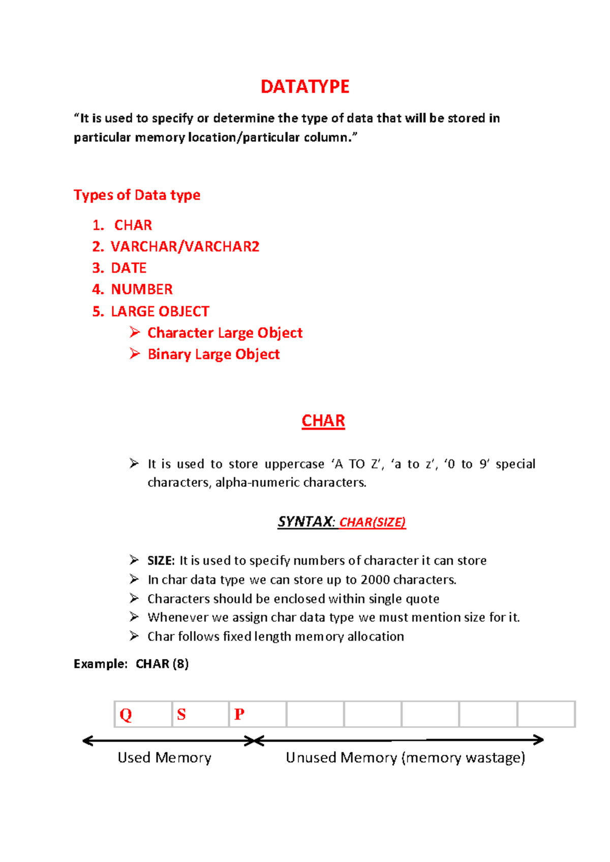 DATATYPE - Overview of SQL Data Types and Their Usage - Studocu