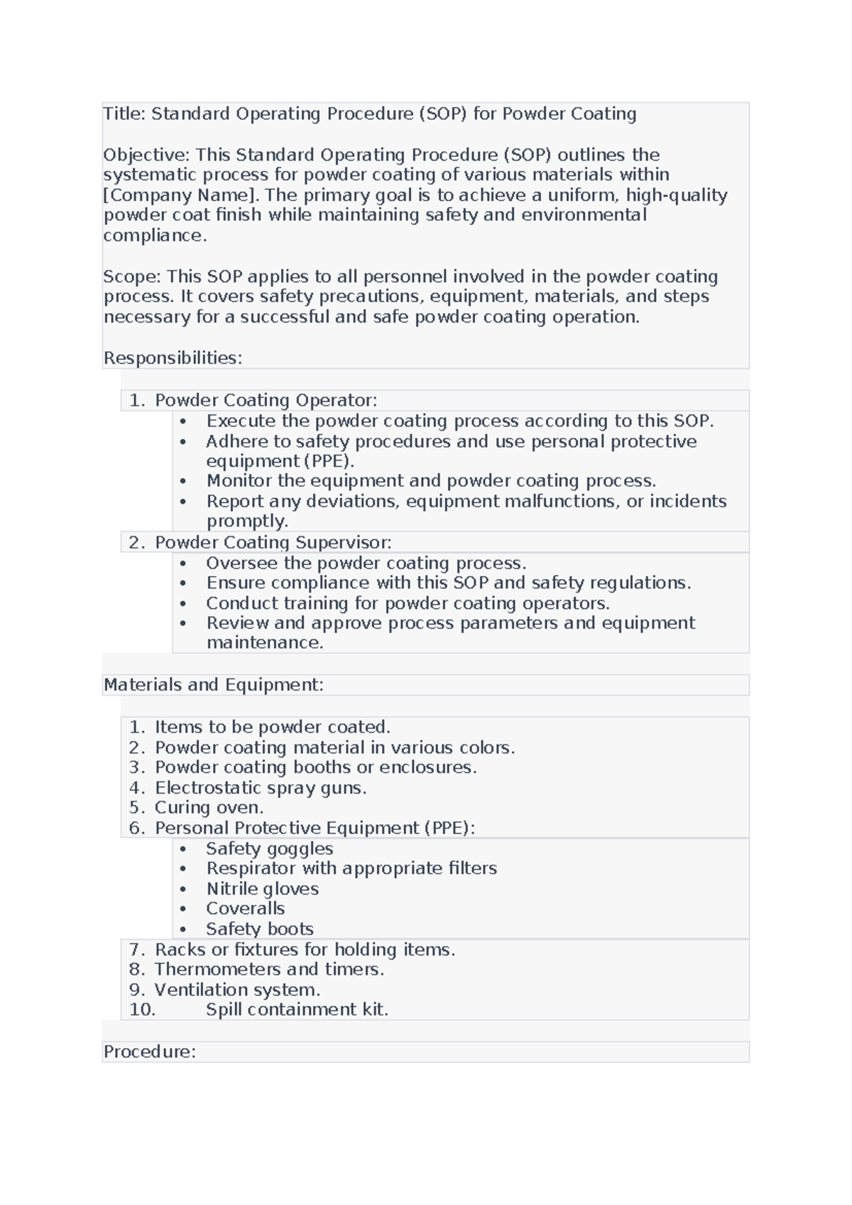 SOP for Powder Coating Process: Safety & Compliance Guidelines - Studocu