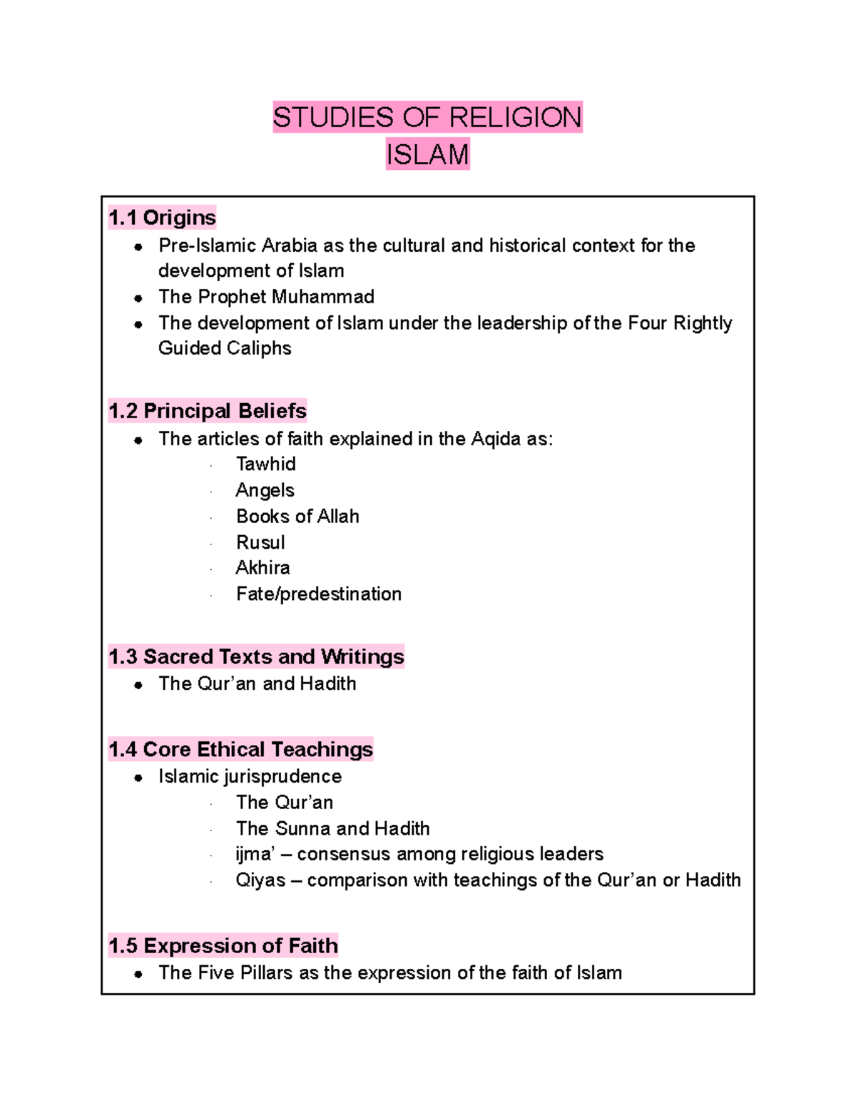 Studies of Religion: Islam 1.1 - Origins, Beliefs, and Practices - Studocu
