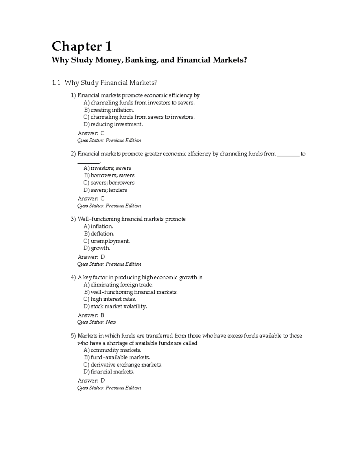 Chapter 1 Test Bank: Economics of Money, Banking, and Financial Markets ...