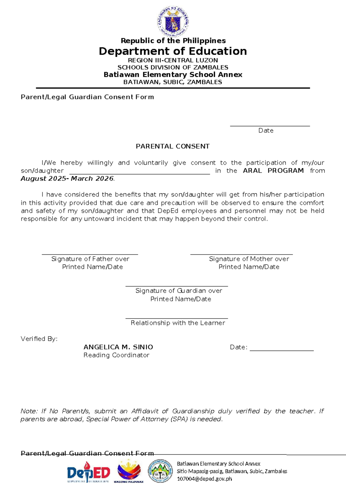 ARAL Program Parent Consent Form - Batiawan Elementary School - Studocu