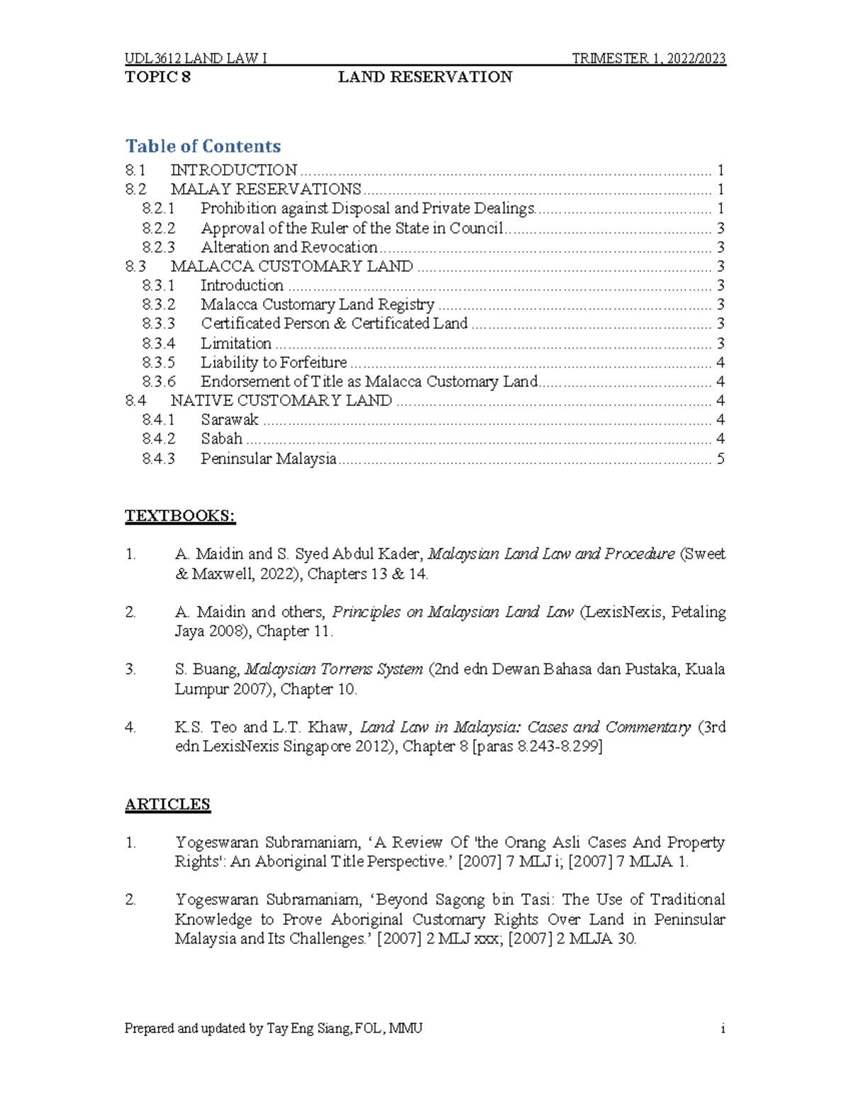 Land Law I: Notes on Topic 8 - Overview of Land Reservation in Malaysia ...