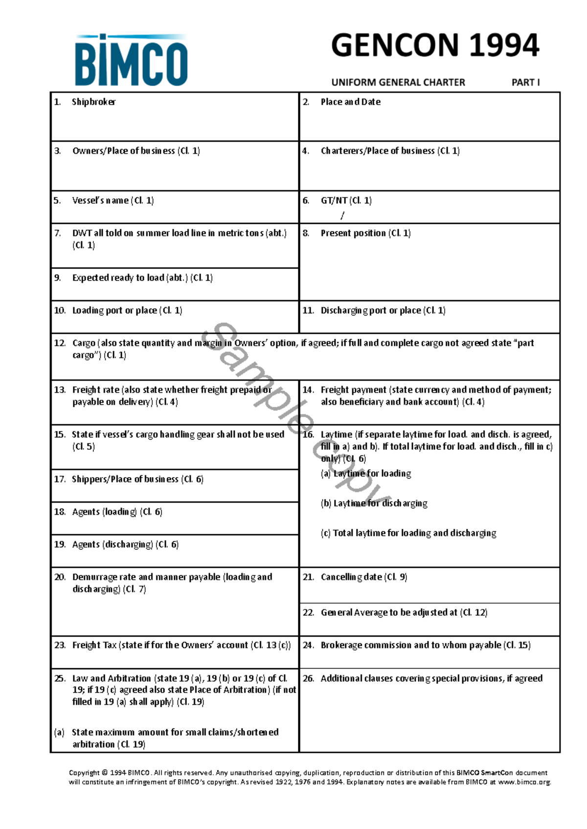 Gencon 1994 Charter Party Standard Form Document - Studocu