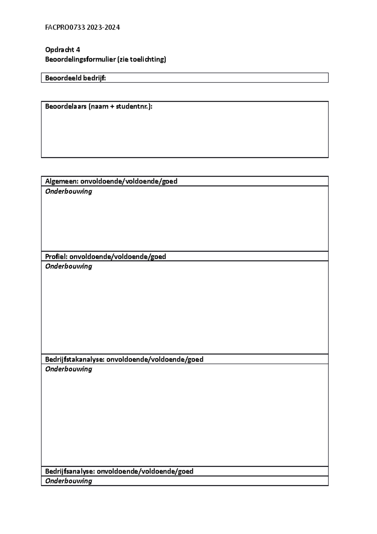 Beoordelingsformulier Voorbeeld - FACPRO0733 2023 - Studeersnel