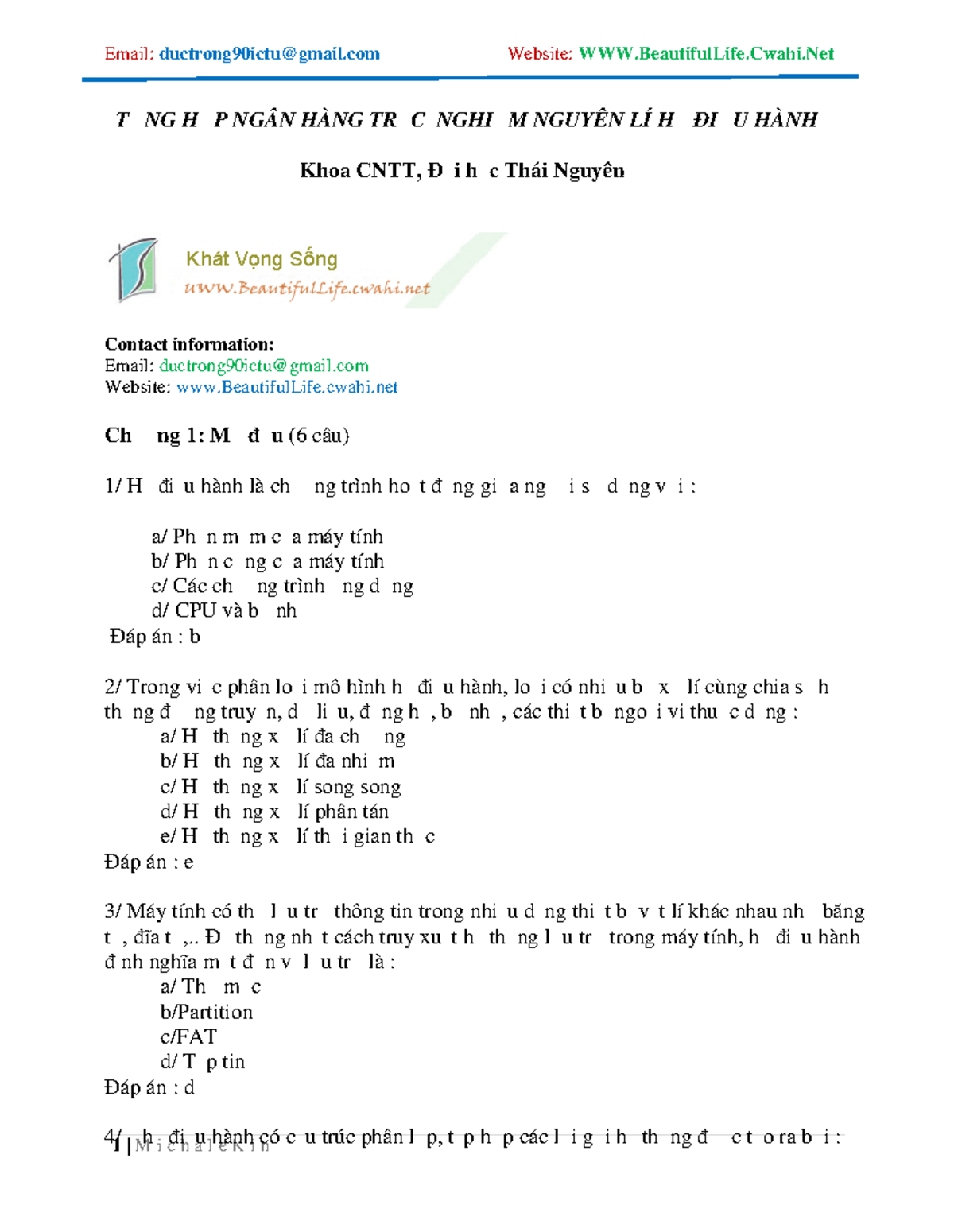 [123doc] - de-thi-trac-nghiem-mon-he-dieu-hanh-pptx - TỔNG HỢP NGÂN HÀNG TRẮC NGHIỆM NGUYÊN LÍ ...