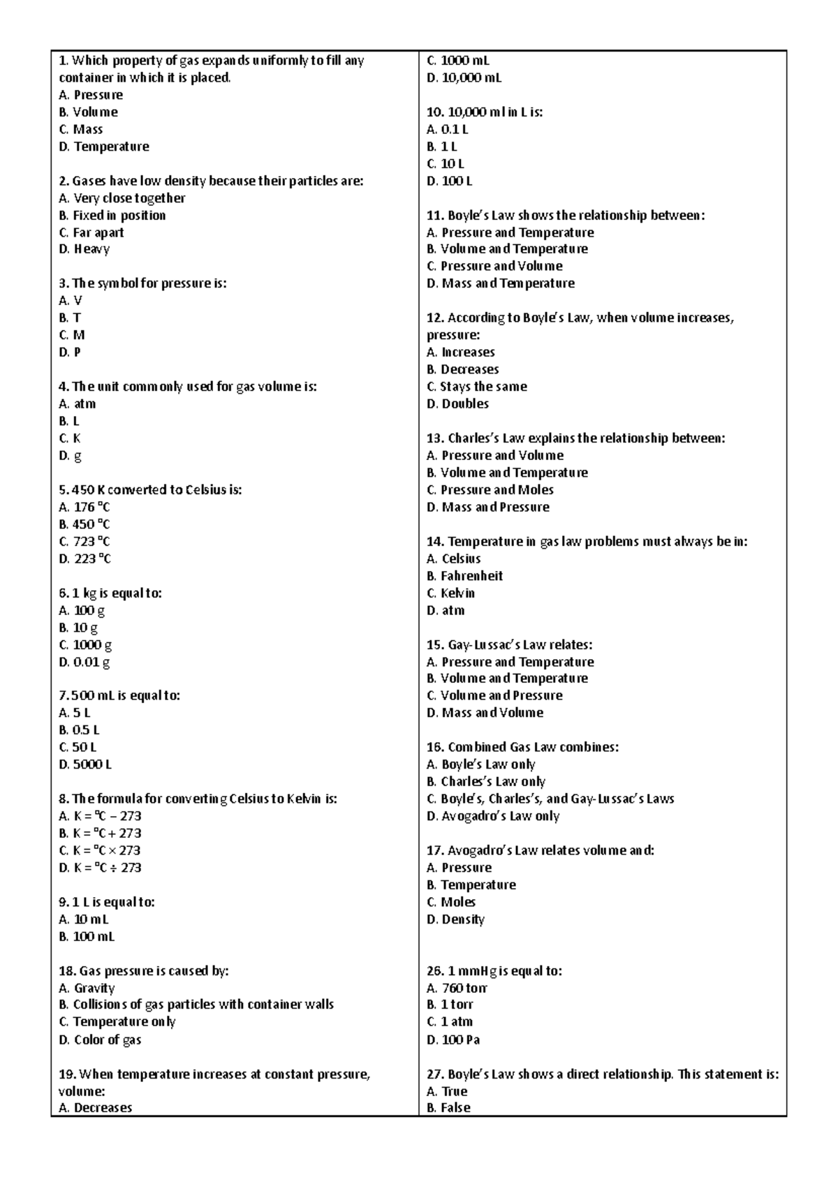 Summative Test 1 - Gas Laws and Properties (Course Code: NCJ) - Studocu